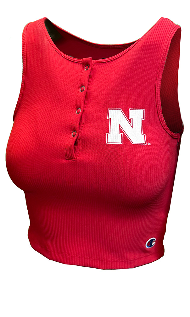 Womens Red Nebraska Ottoman Ribbed Henley Crop Tank Champion